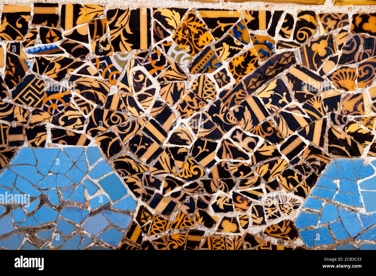 Antonio Gaudi's mosaic tile bench at Park Guell in Barcelona, Spain ...