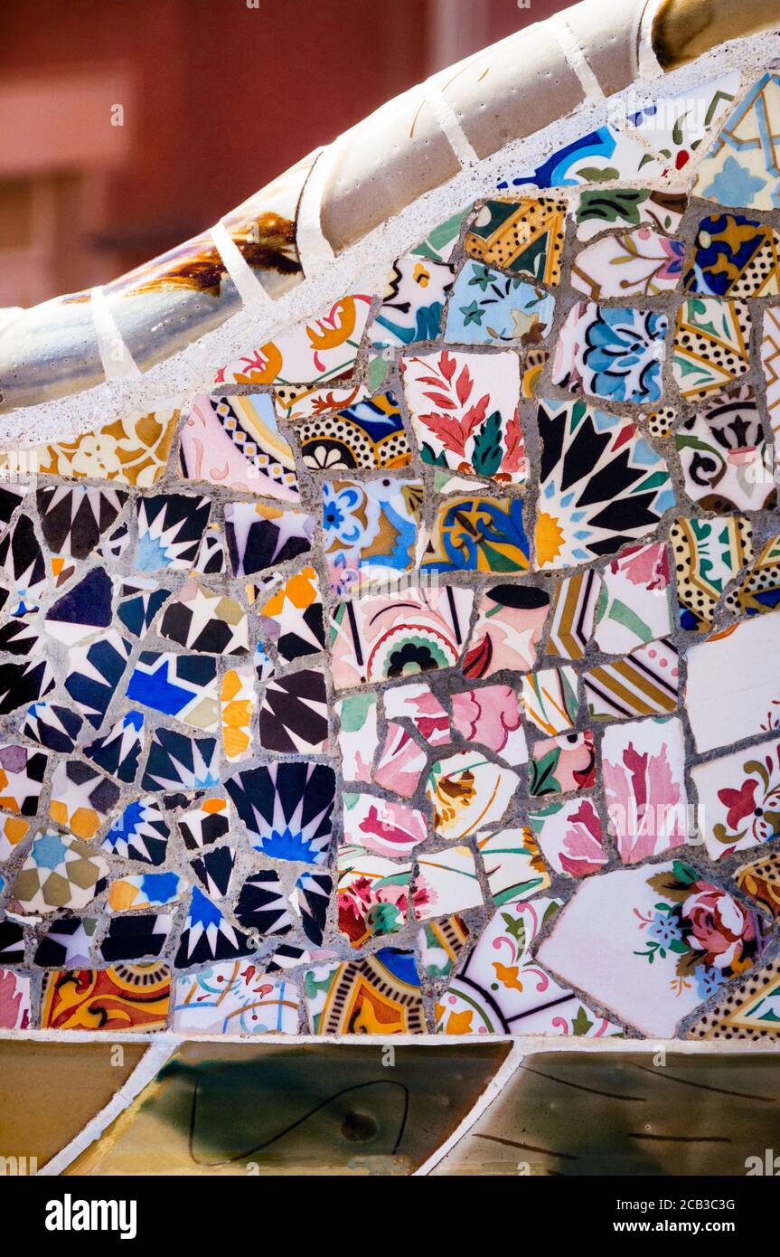 Antonio Gaudi's mosaic tile bench at Park Guell in Barcelona, Spain ...