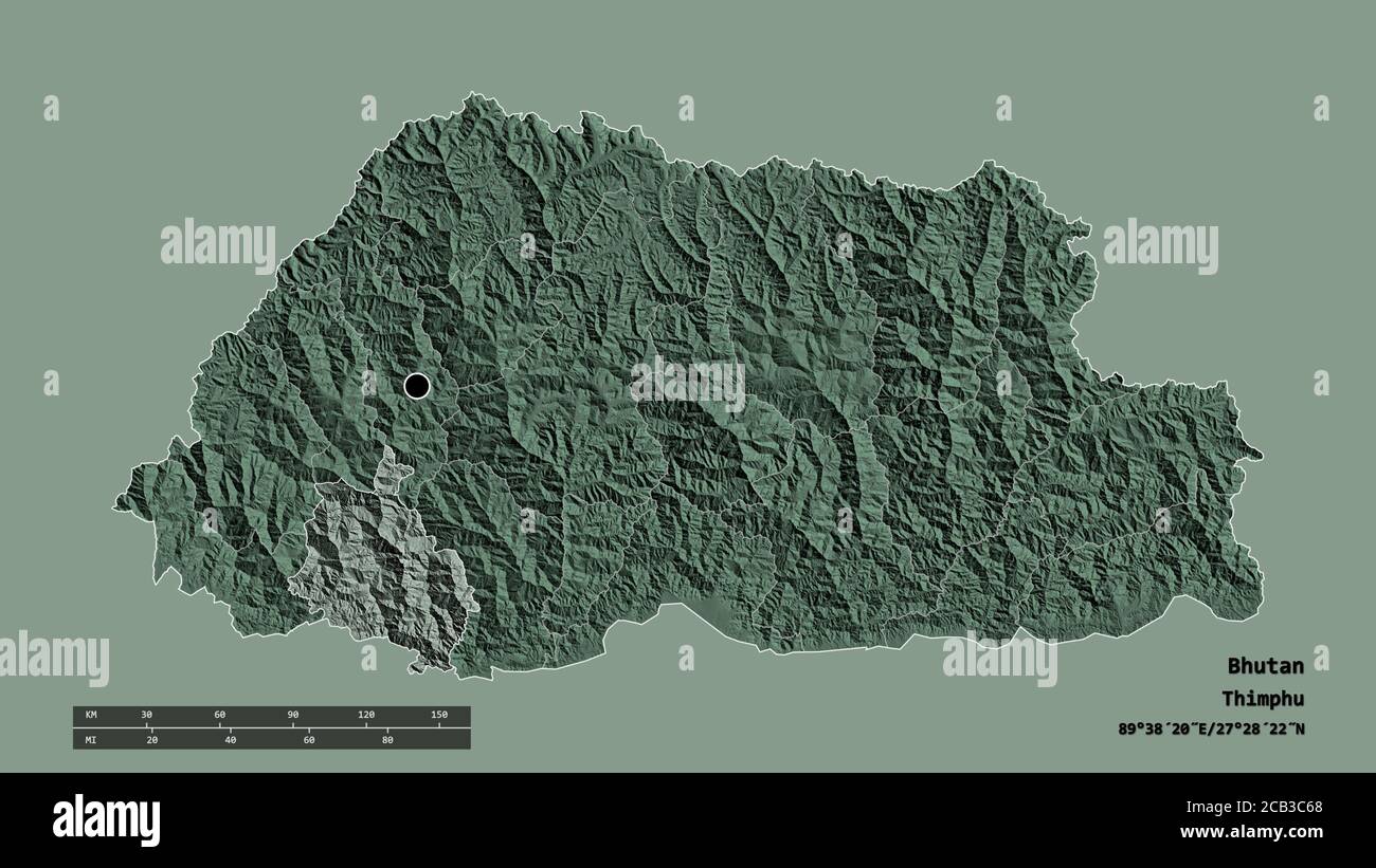 Desaturated shape of Bhutan with its capital, main regional division ...