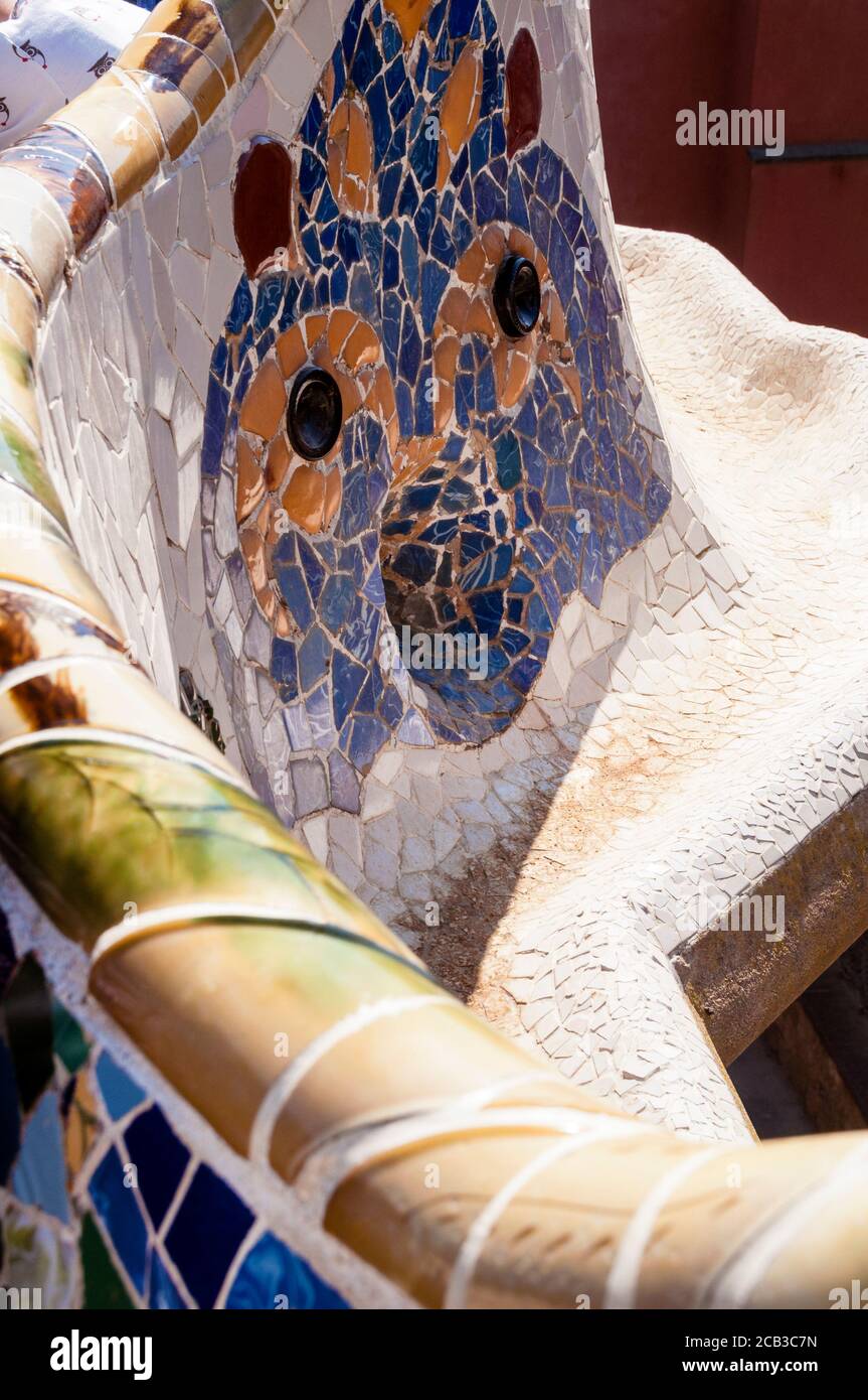 Antonio Gaudi's mosaic tile bench at Park Guell in Barcelona, Spain ...