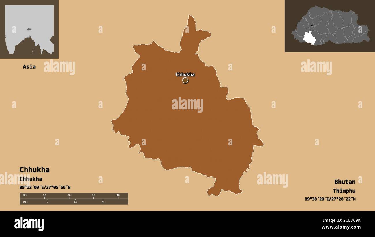 Shape of Chhukha, district of Bhutan, and its capital. Distance scale ...