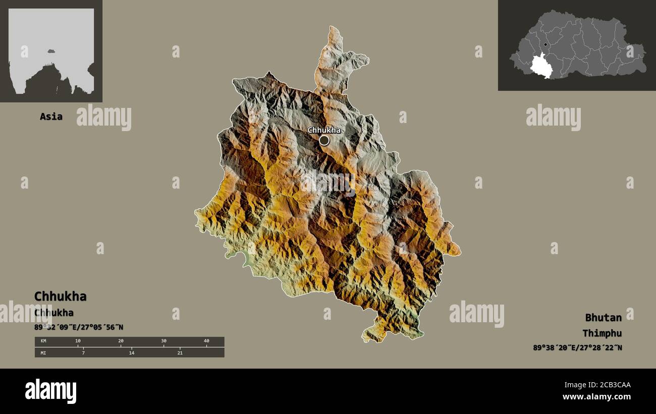 Shape of Chhukha, district of Bhutan, and its capital. Distance scale ...