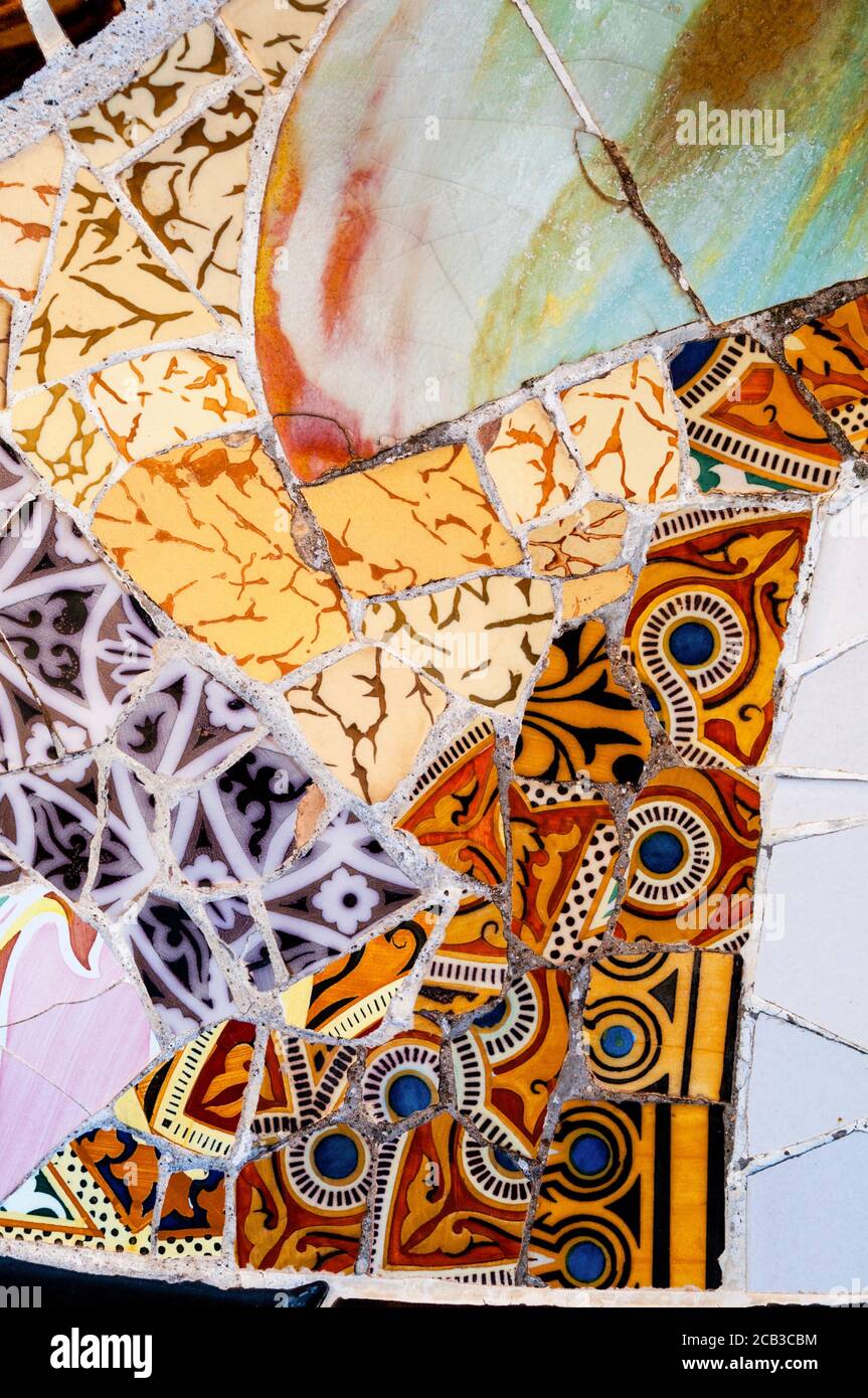 Antonio Gaudi's mosaic tile bench at Park Guell in Barcelona, Spain ...