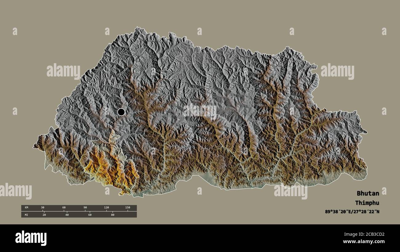 Desaturated shape of Bhutan with its capital, main regional division ...