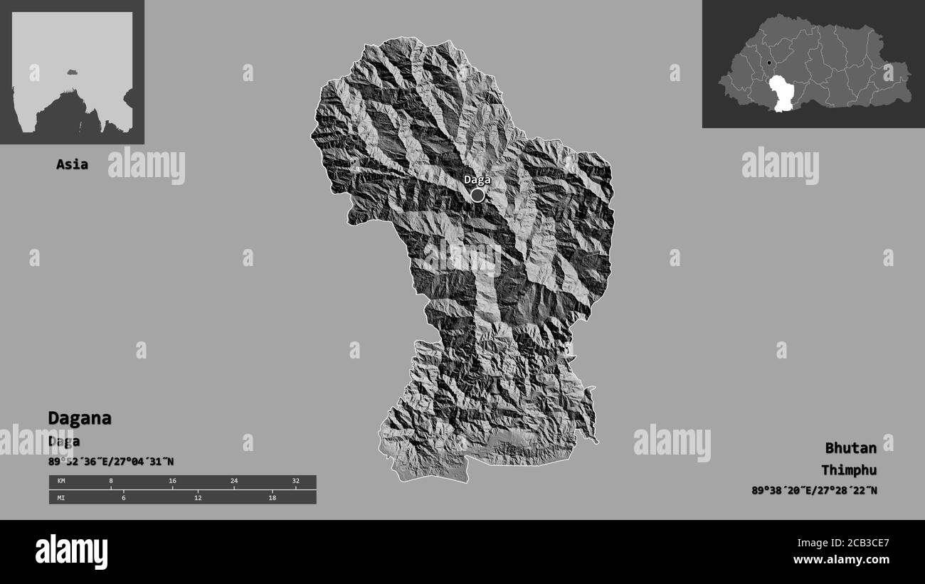 Shape of Dagana, district of Bhutan, and its capital. Distance scale ...