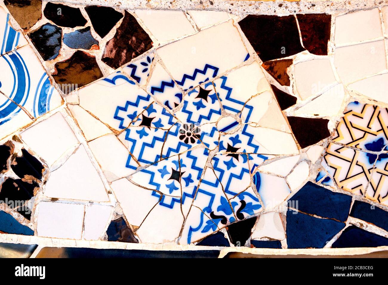 Antonio Gaudi's mosaic tile bench at Park Guell in Barcelona, Spain ...