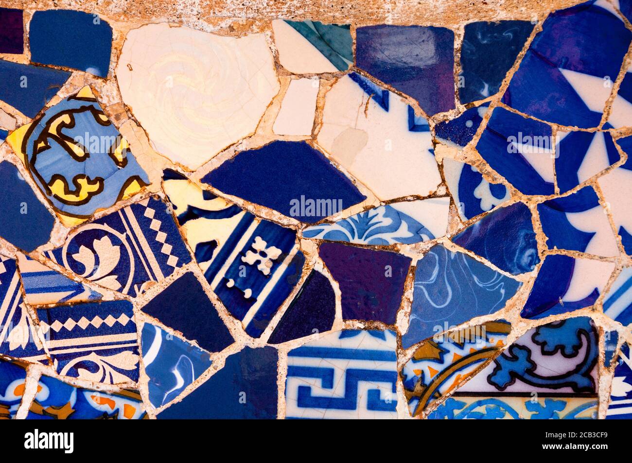 Antonio Gaudi's mosaic tile bench at Park Guell in Barcelona, Spain ...