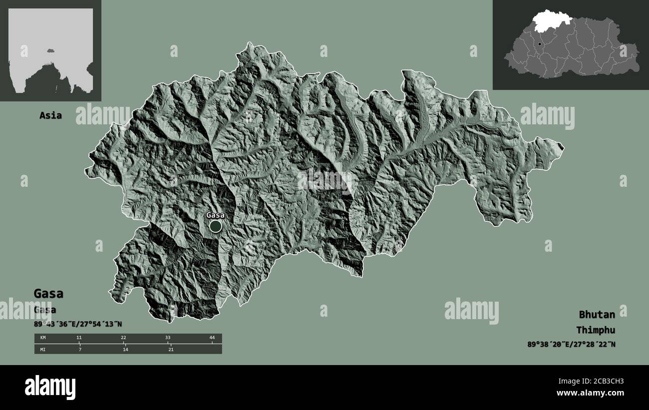 Shape of Gasa, district of Bhutan, and its capital. Distance scale ...