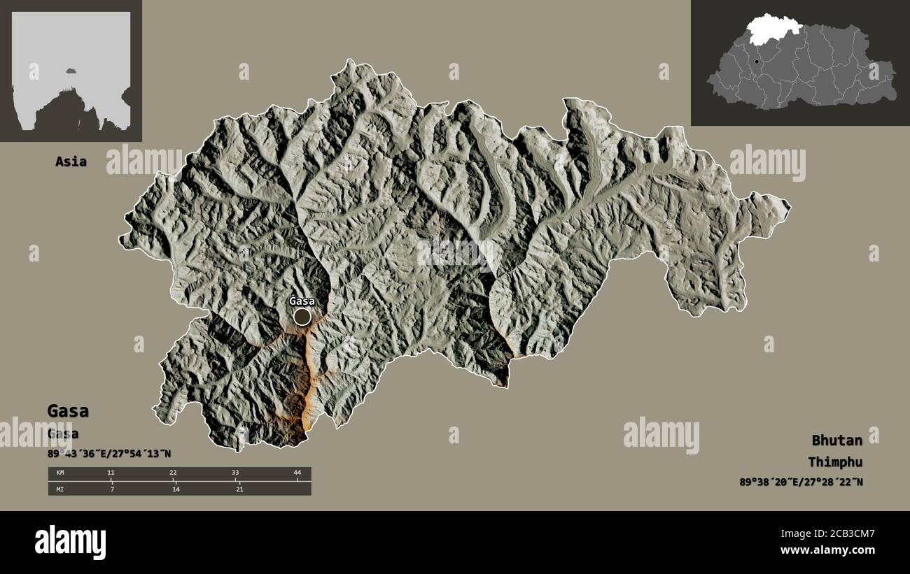 Shape of Gasa, district of Bhutan, and its capital. Distance scale ...