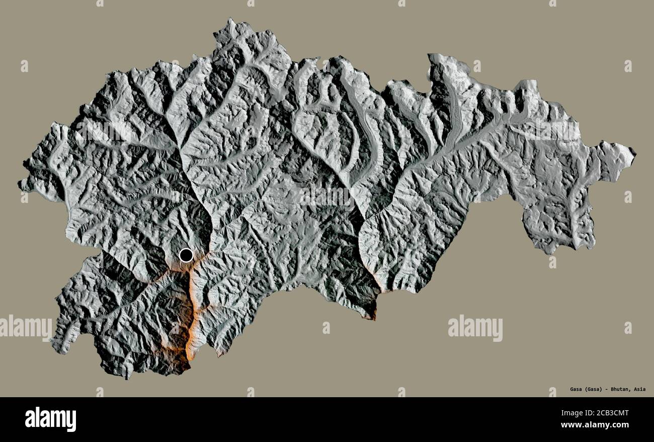 Shape of Gasa, district of Bhutan, with its capital isolated on a solid ...