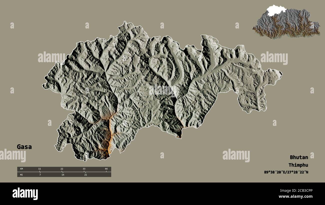 Shape of Gasa, district of Bhutan, with its capital isolated on solid ...
