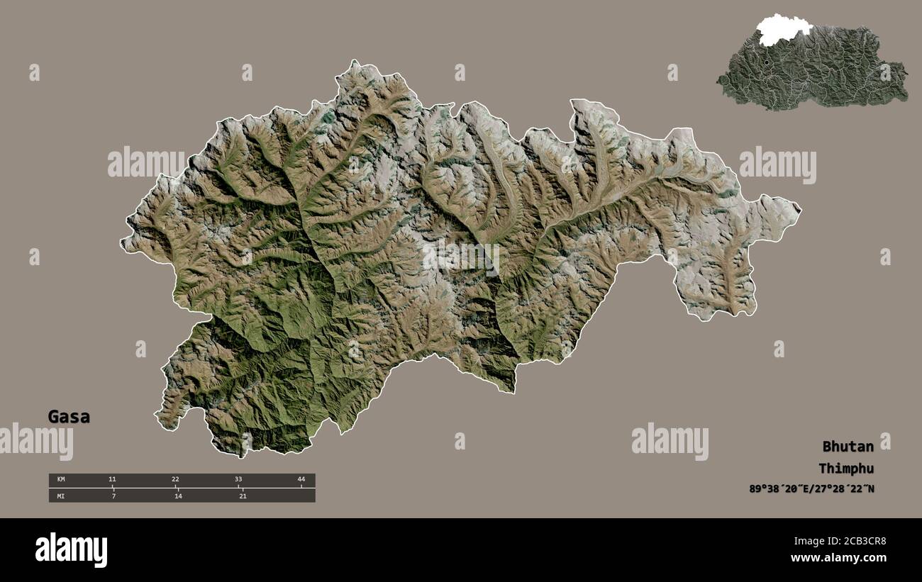 Shape of Gasa, district of Bhutan, with its capital isolated on solid ...