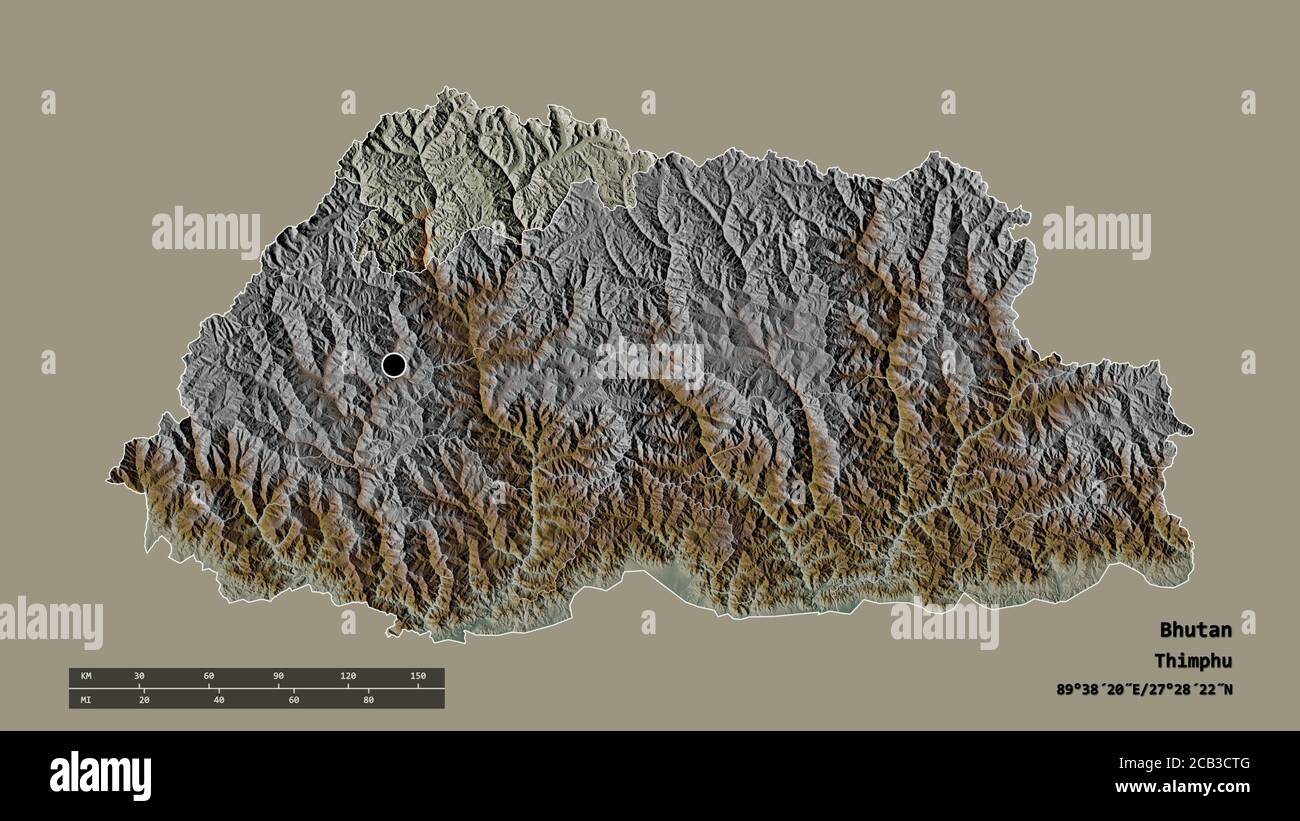 Desaturated shape of Bhutan with its capital, main regional division ...