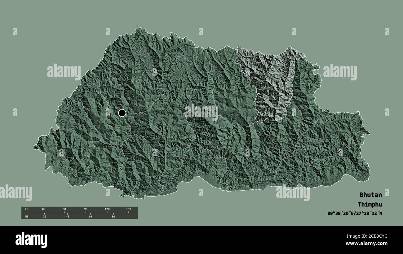 Desaturated shape of Bhutan with its capital, main regional division ...