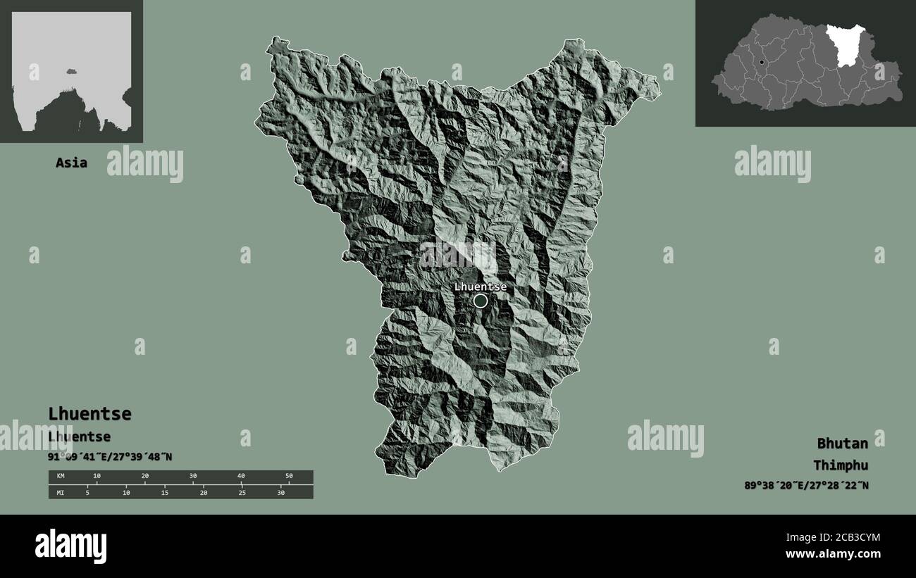 Shape of Lhuentse, district of Bhutan, and its capital. Distance scale ...