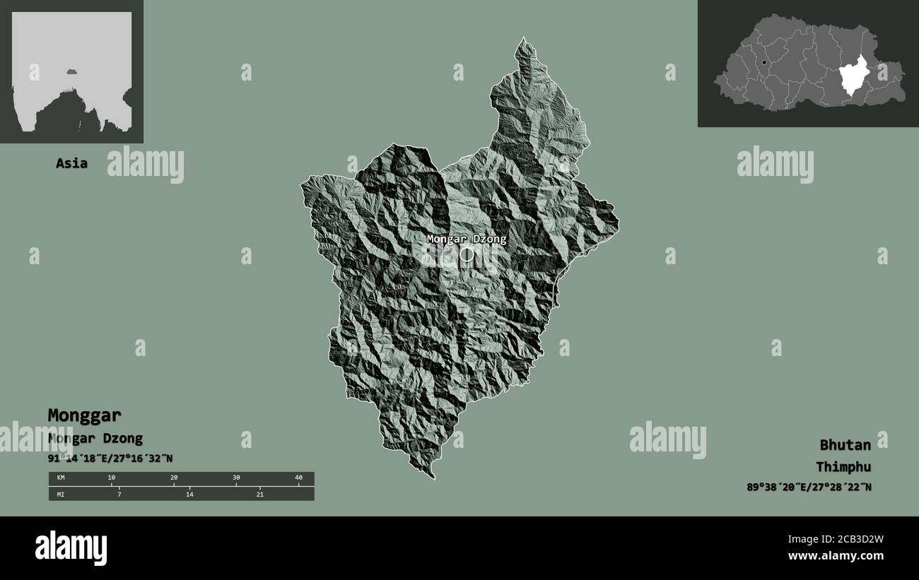 Shape of Monggar, district of Bhutan, and its capital. Distance scale ...