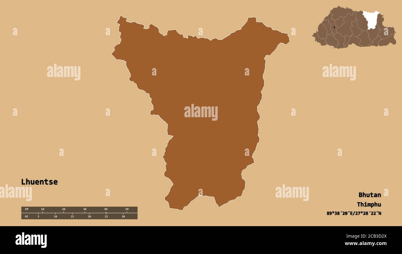 Shape of Lhuentse, district of Bhutan, with its capital isolated on ...