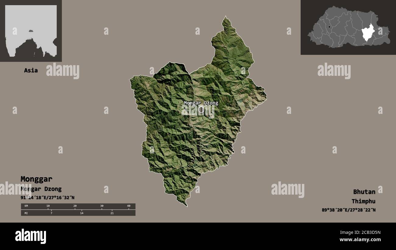 Shape of Monggar, district of Bhutan, and its capital. Distance scale ...