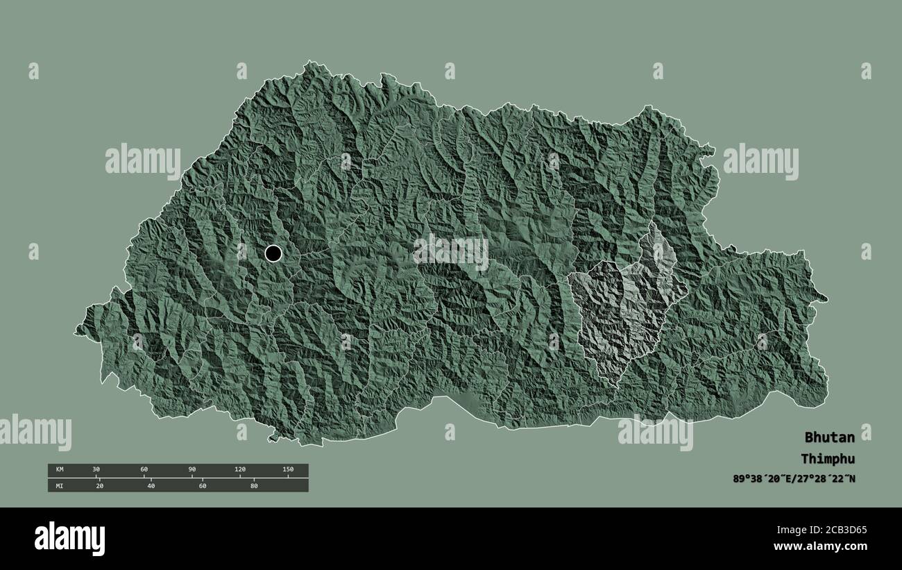 Desaturated shape of Bhutan with its capital, main regional division ...