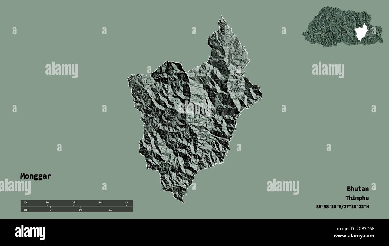 Shape of Monggar, district of Bhutan, with its capital isolated on ...