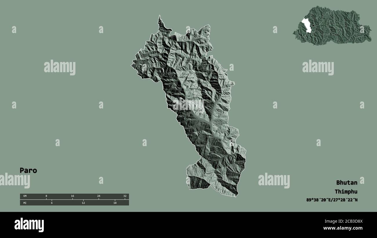 Shape of Paro, district of Bhutan, with its capital isolated on solid ...