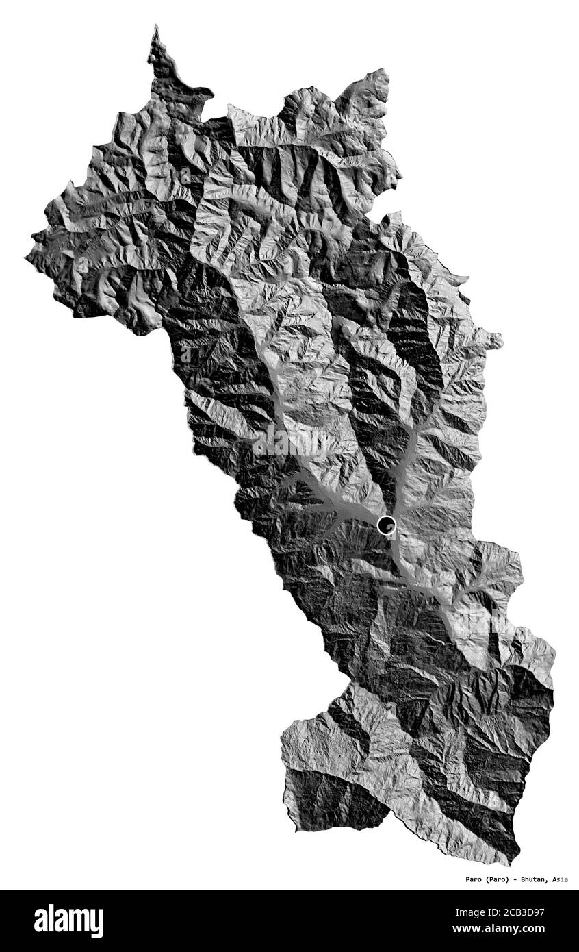Shape of Paro, district of Bhutan, with its capital isolated on white ...