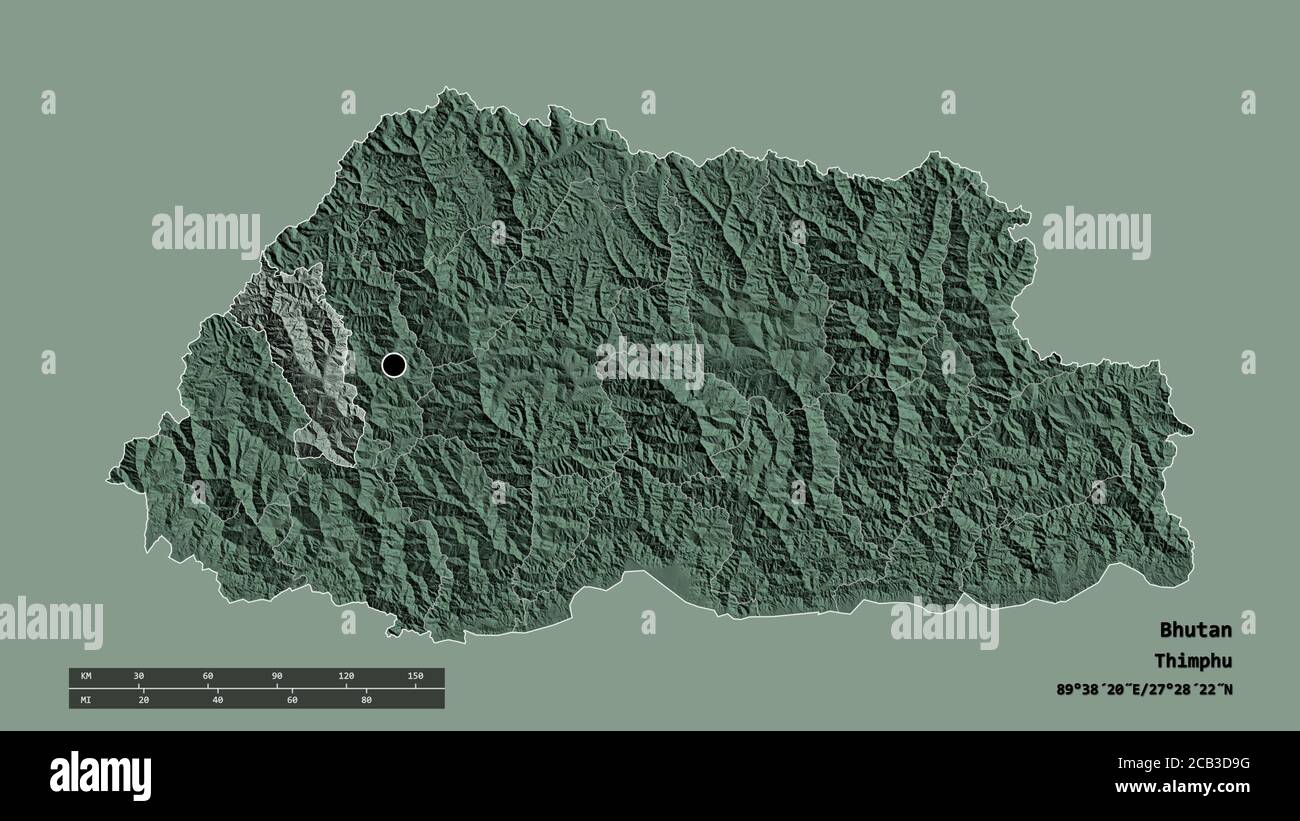 Desaturated shape of Bhutan with its capital, main regional division ...
