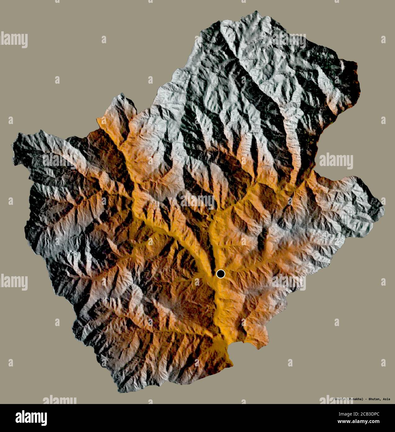 Shape of Punakha, district of Bhutan, with its capital isolated on a ...