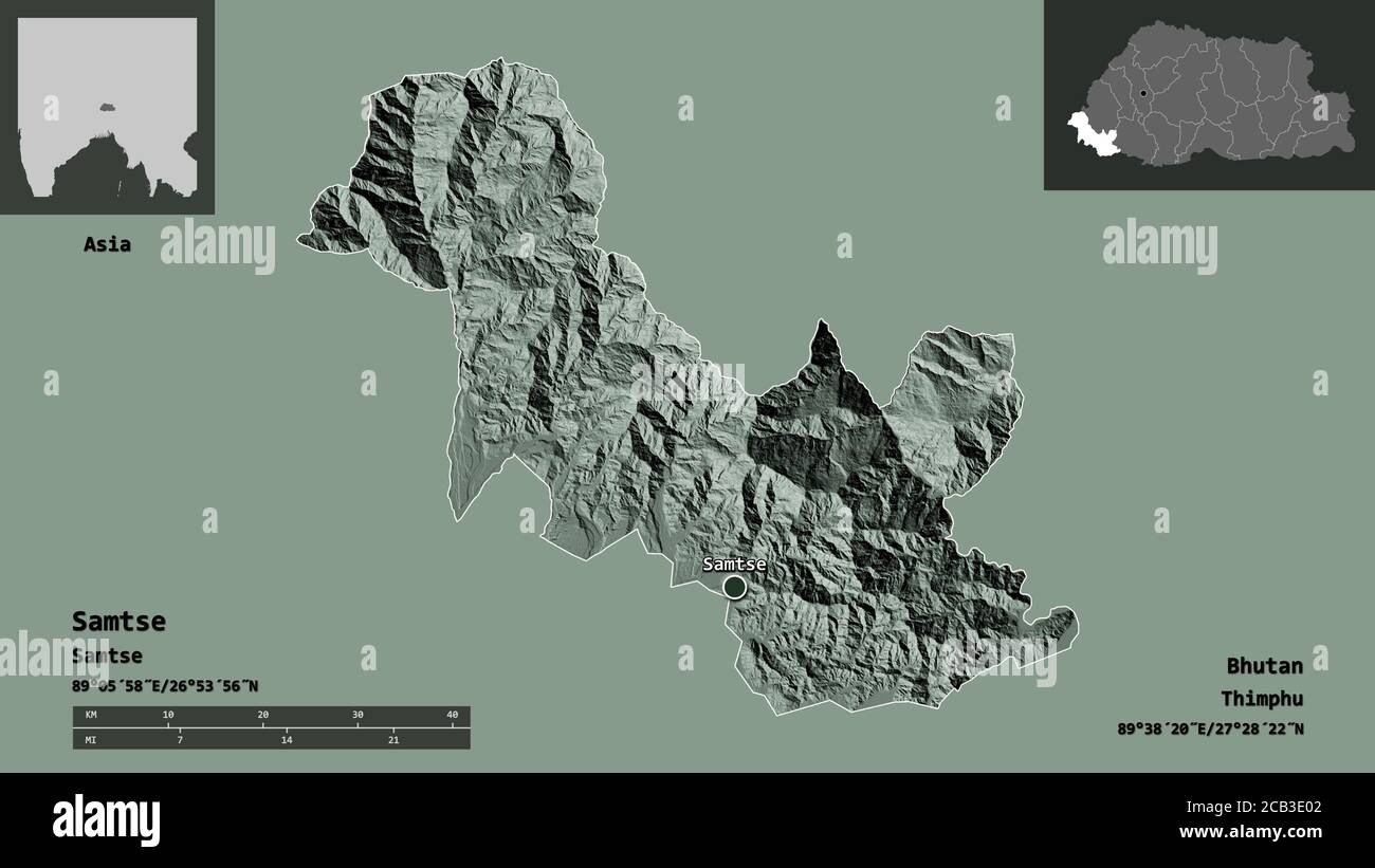 Shape of Samtse, district of Bhutan, and its capital. Distance scale ...