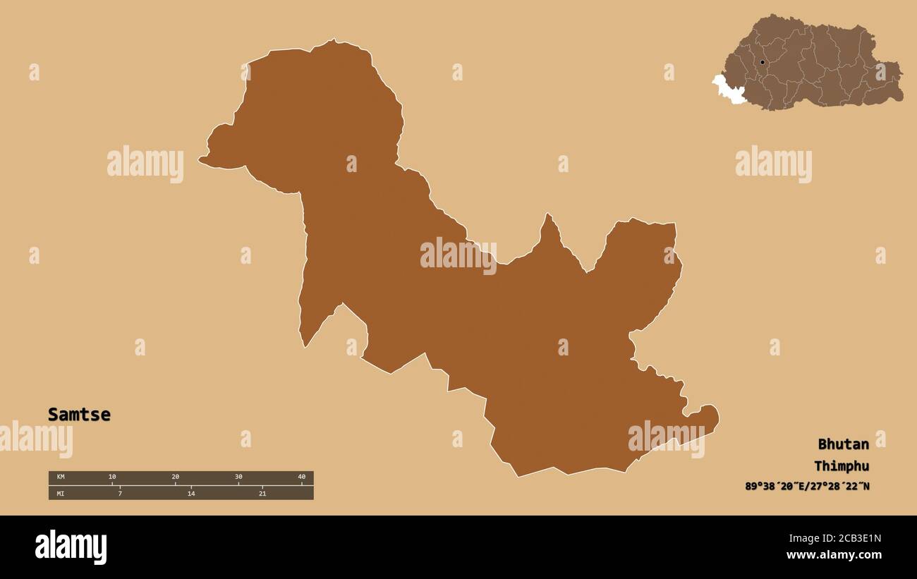 Shape of Samtse, district of Bhutan, with its capital isolated on solid ...