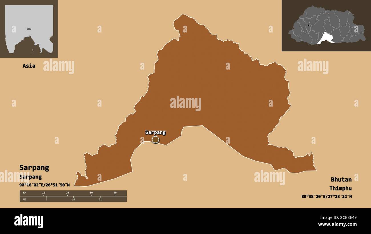 Shape of Sarpang, district of Bhutan, and its capital. Distance scale ...