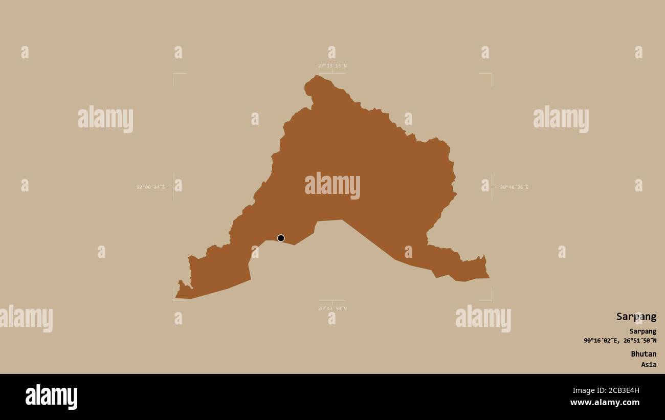 Area of Sarpang, district of Bhutan, isolated on a solid background in ...
