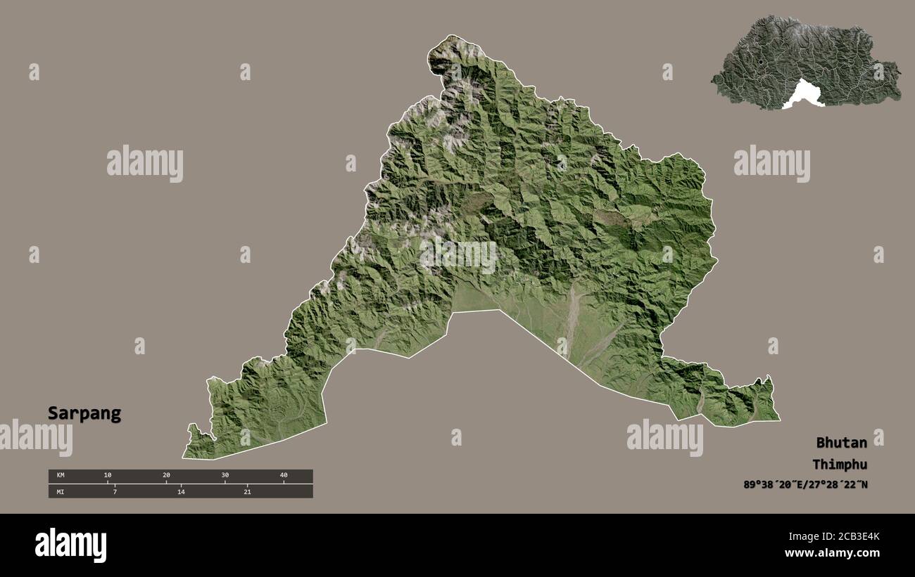 Shape of Sarpang, district of Bhutan, with its capital isolated on ...