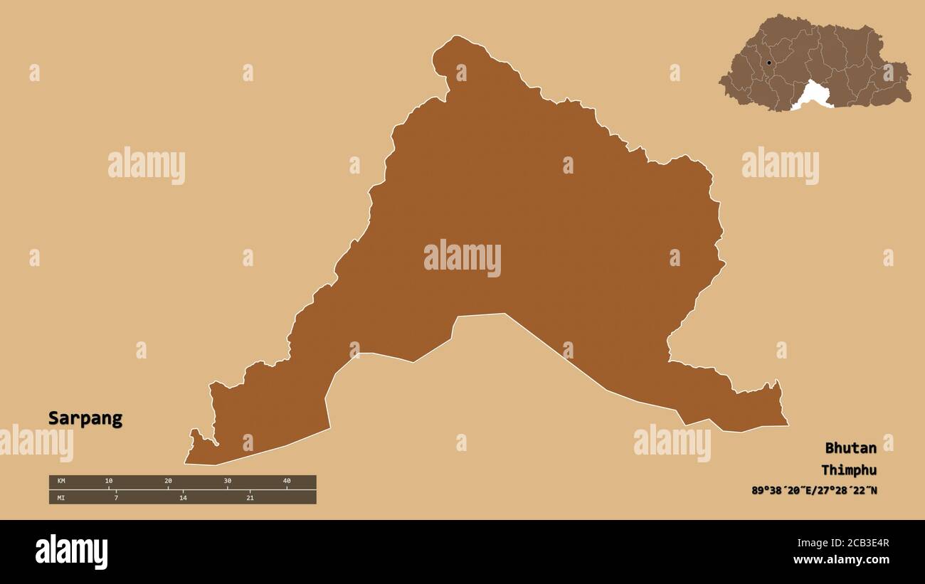 Shape of Sarpang, district of Bhutan, with its capital isolated on ...