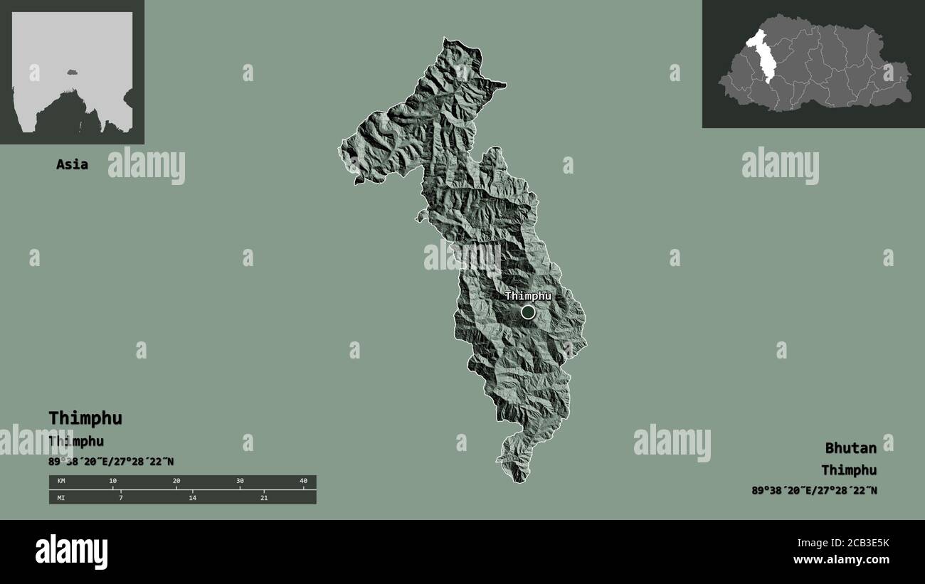 Shape of Thimphu, district of Bhutan, and its capital. Distance scale ...