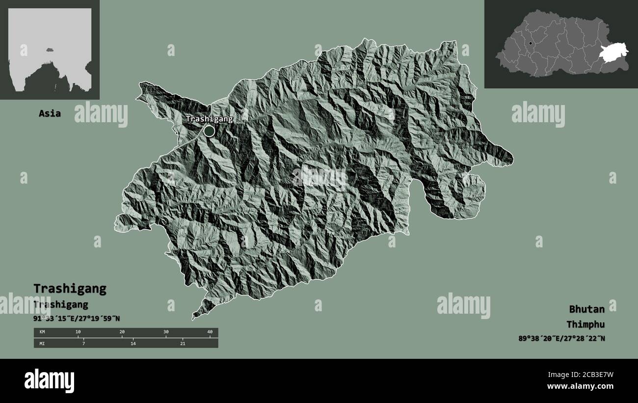 Shape of Trashigang, district of Bhutan, and its capital. Distance ...