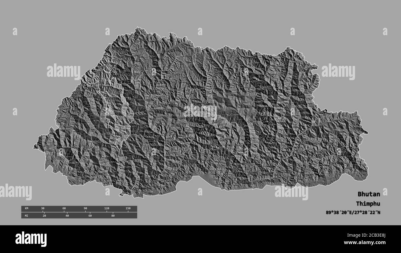 Desaturated shape of Bhutan with its capital, main regional division ...