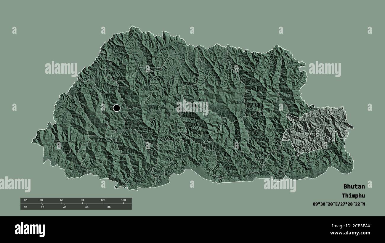 Desaturated shape of Bhutan with its capital, main regional division ...