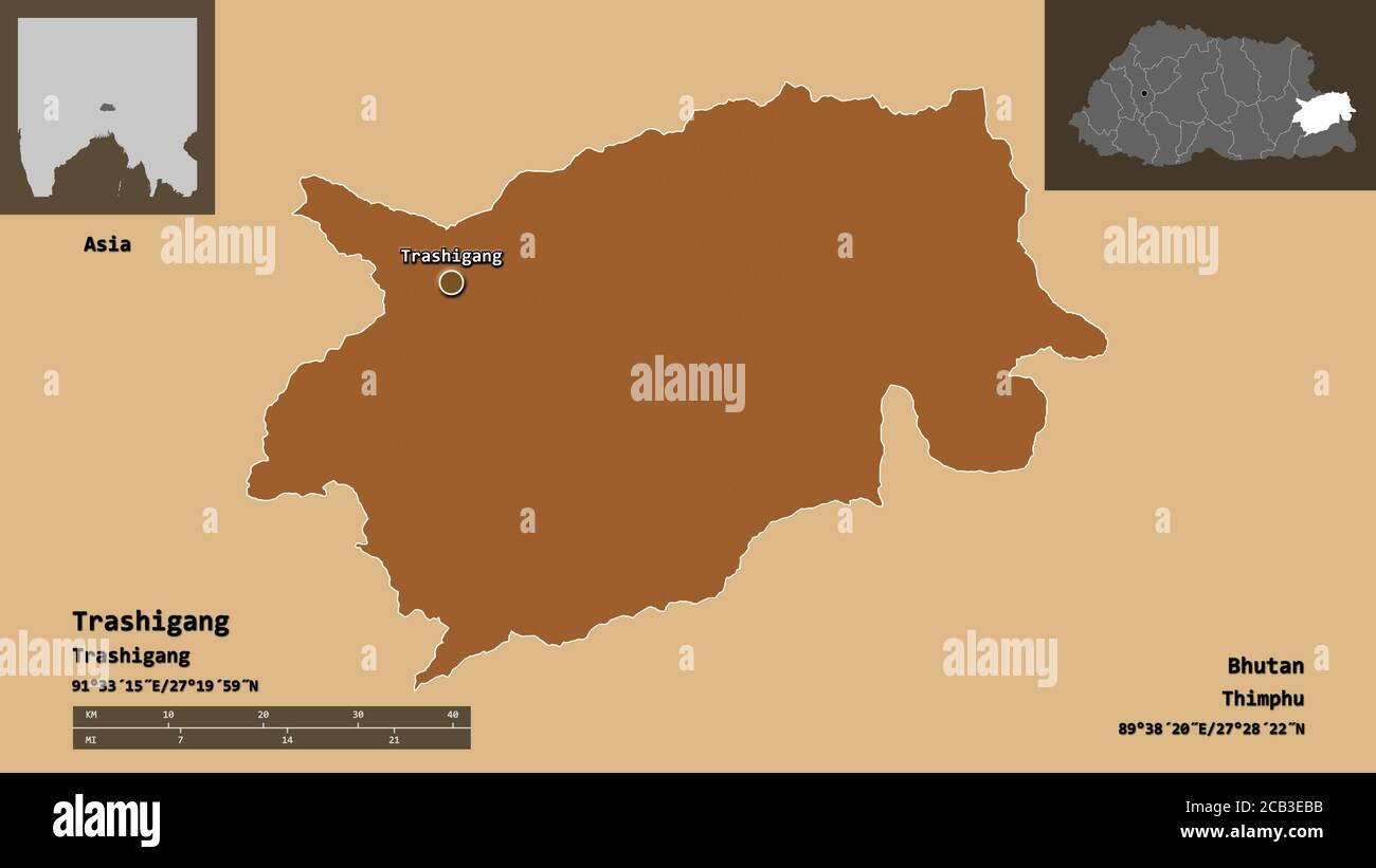 Shape of Trashigang, district of Bhutan, and its capital. Distance ...