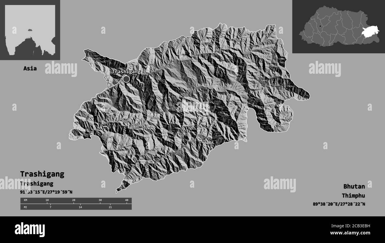 Shape of Trashigang, district of Bhutan, and its capital. Distance ...