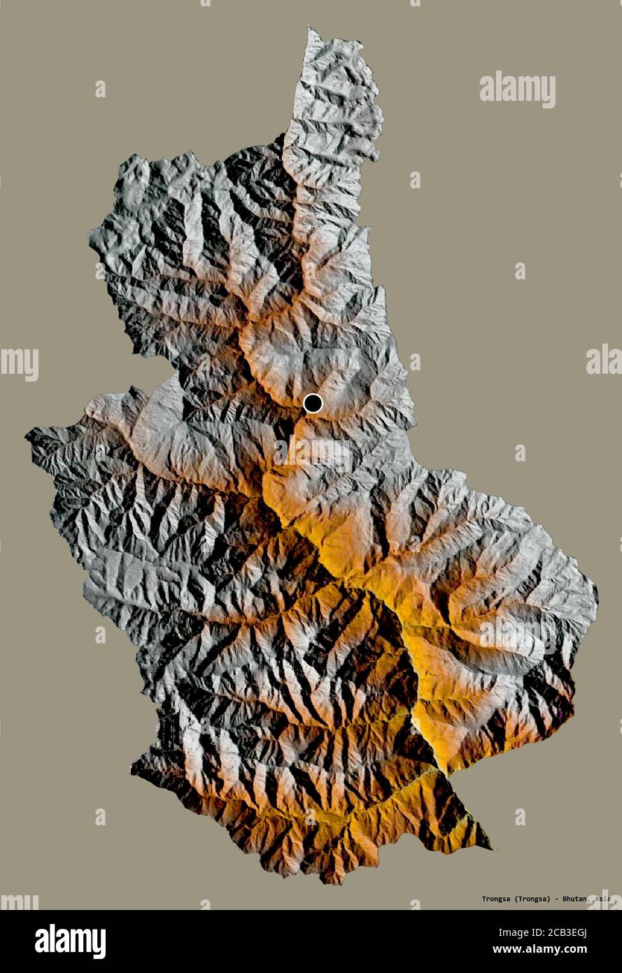 Shape of Trongsa, district of Bhutan, with its capital isolated on a ...