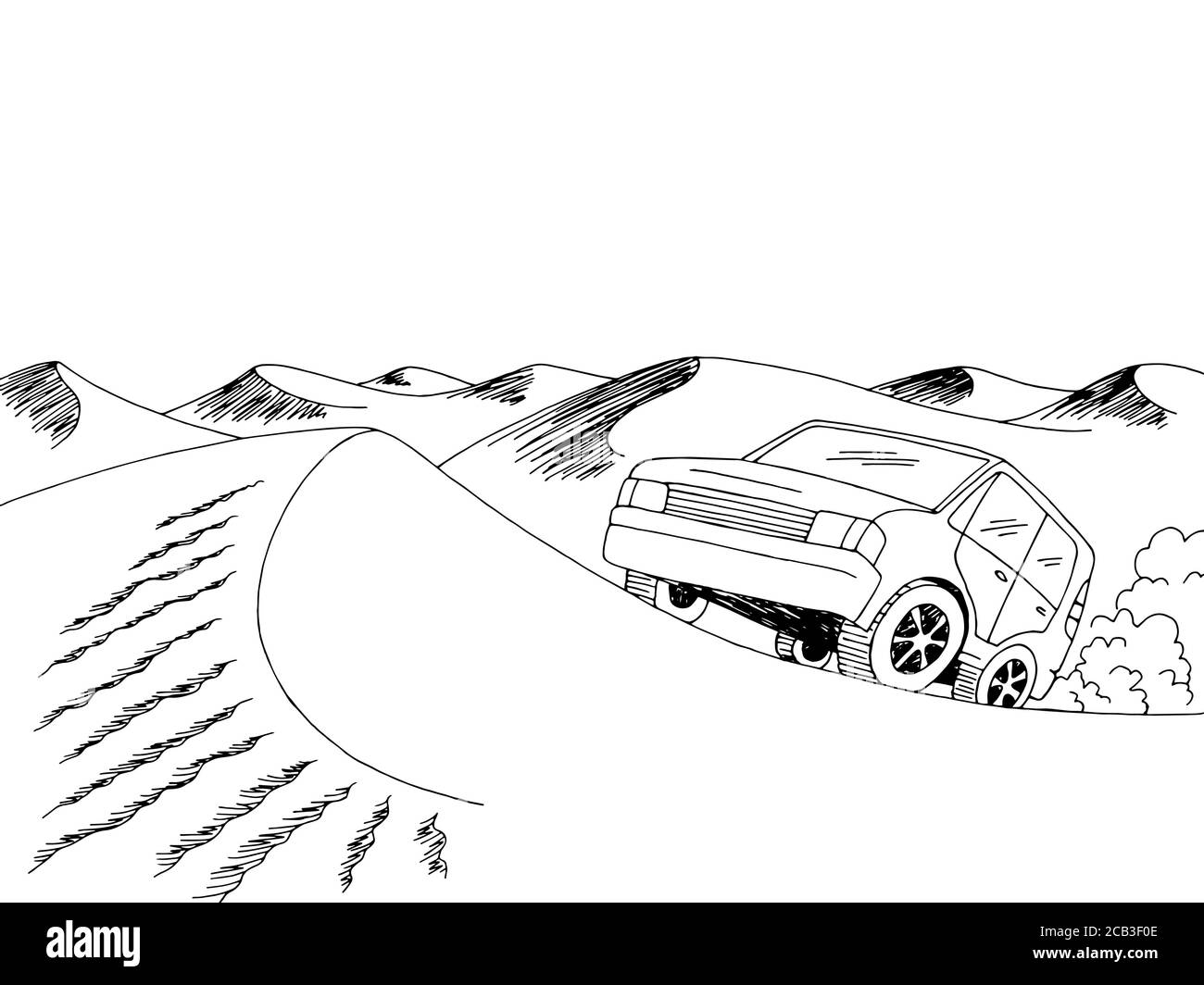 Desert car travel graphic black white landscape sketch illustration ...