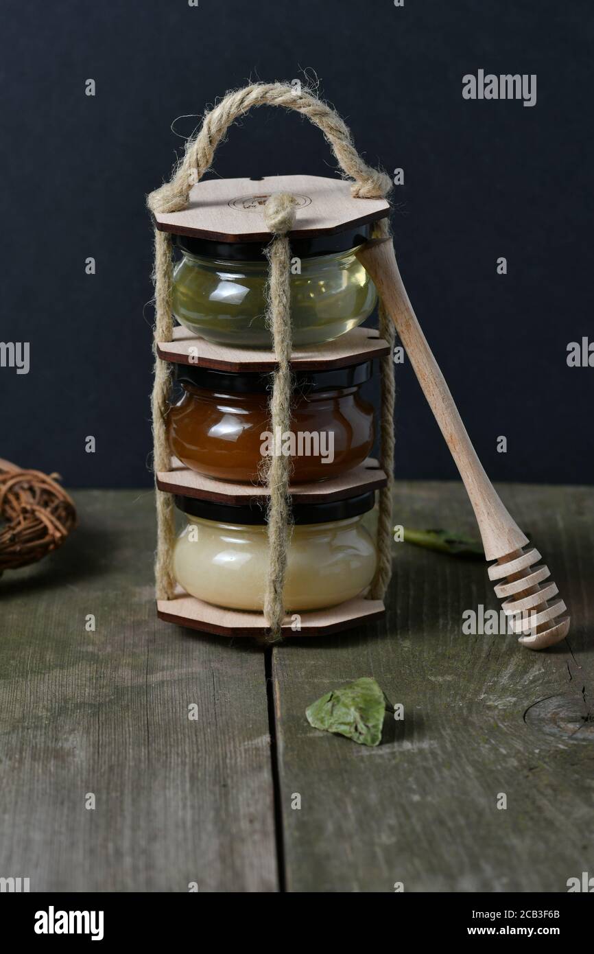 Vertical closeup shot of honey packaging on the table Stock Photo - Alamy