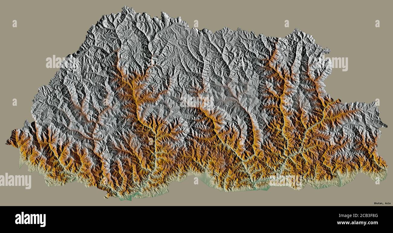 Shape of Bhutan with its capital isolated on a solid color background ...