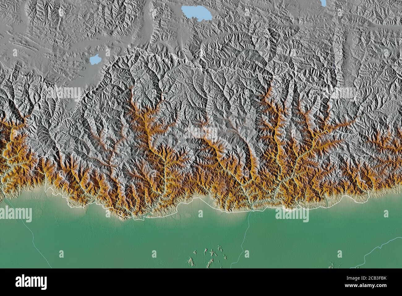 Extended area of outlined Bhutan. Topographic relief map. 3D rendering ...