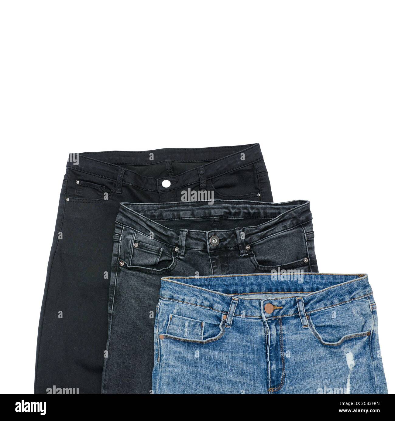 Three jeans. Fashionable concept. Isolated. White background Stock ...