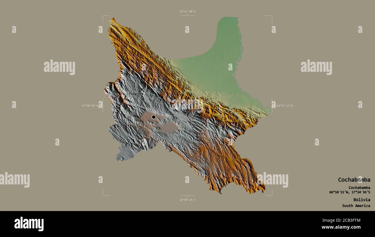 Area of Cochabamba, department of Bolivia, isolated on a solid ...