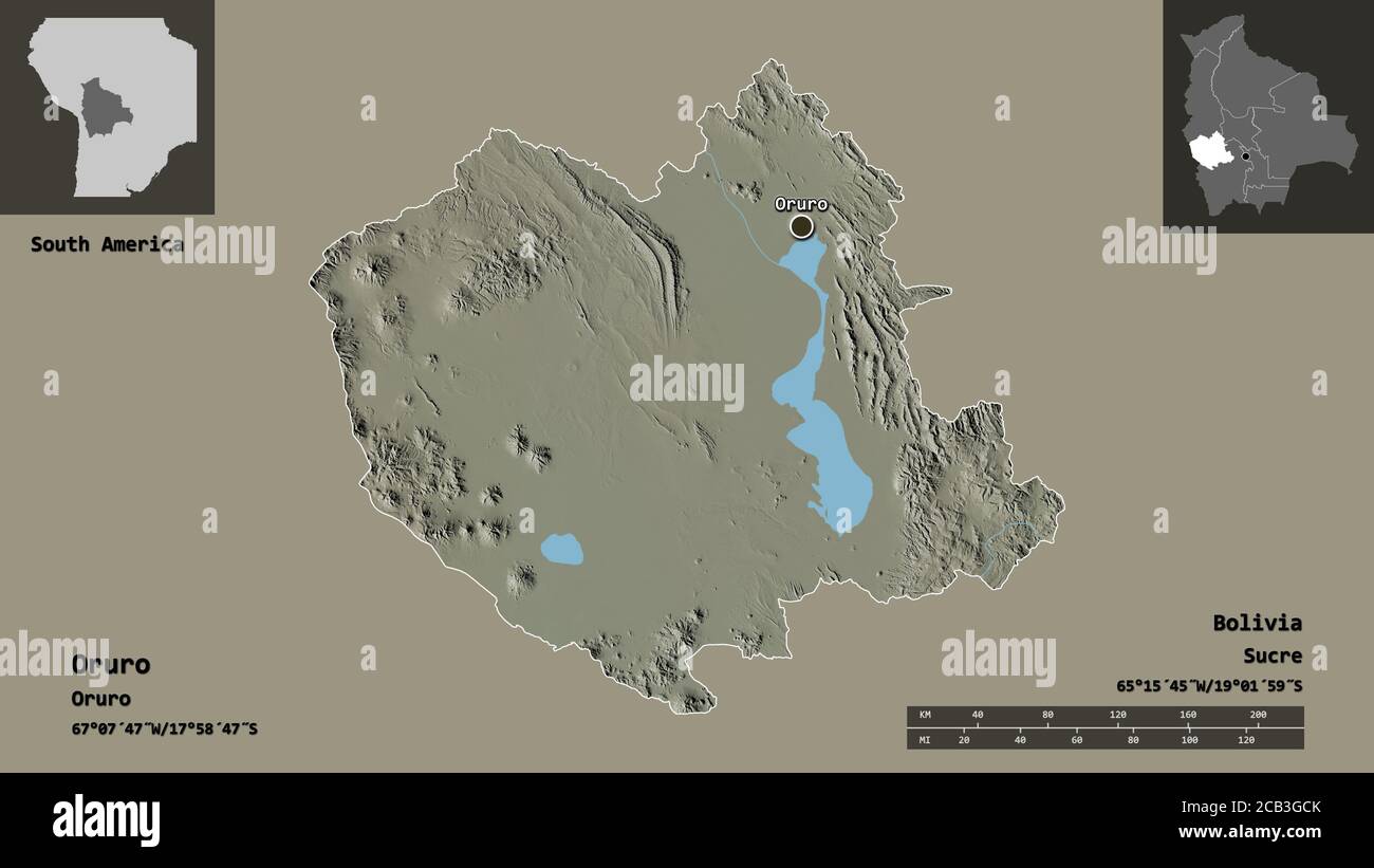 Shape of Oruro, department of Bolivia, and its capital. Distance scale ...