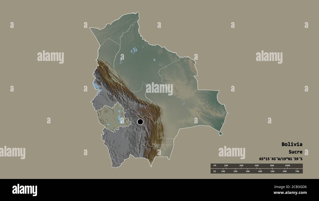 Desaturated shape of Bolivia with its capital, main regional division ...