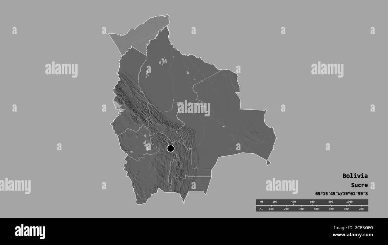 Desaturated shape of Bolivia with its capital, main regional division ...